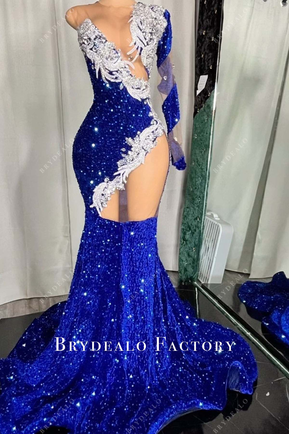 Royal Blue One Sleeve Sequined Mermaid Long Train Prom Dress