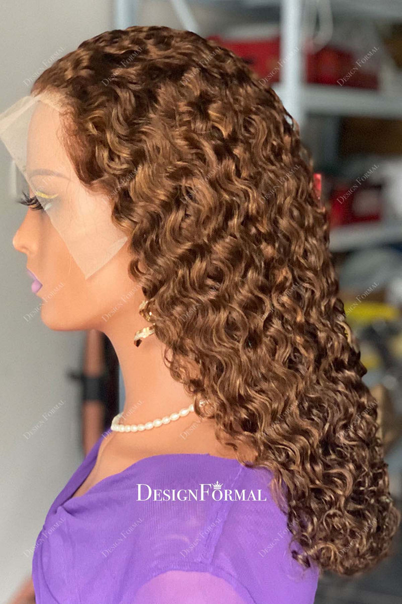 Shoulder Blade Length Kinky Curly Brown Human Hair Wig