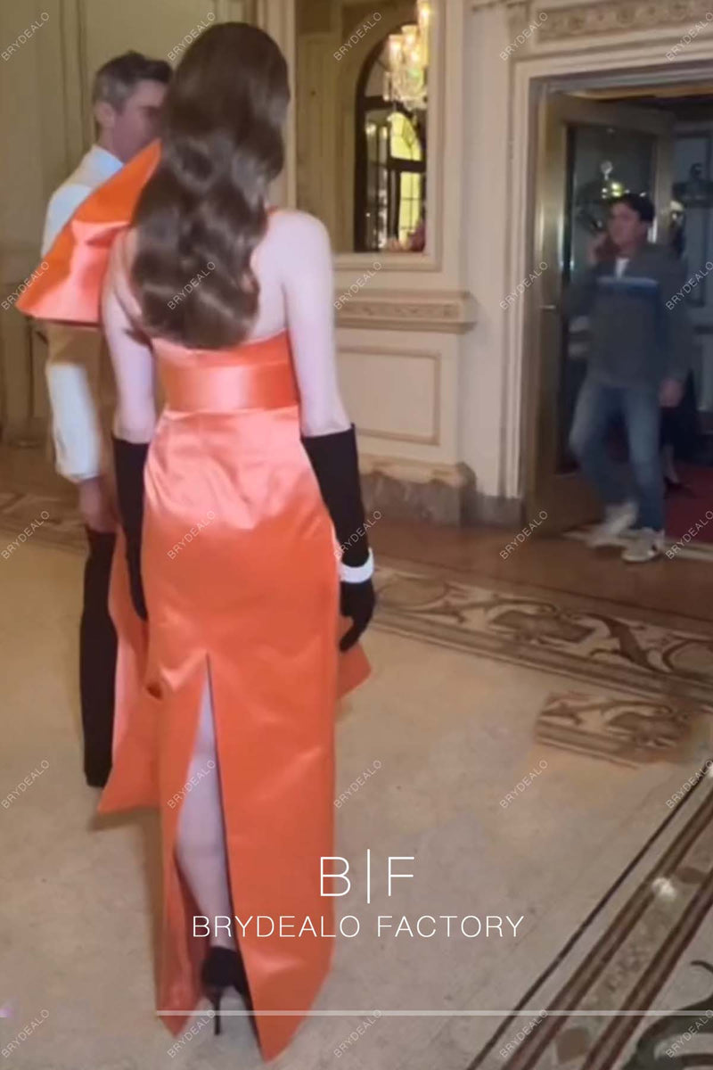 Allison Williams 50's Big Bow Tangerine Satin dress 2023 Met Gala