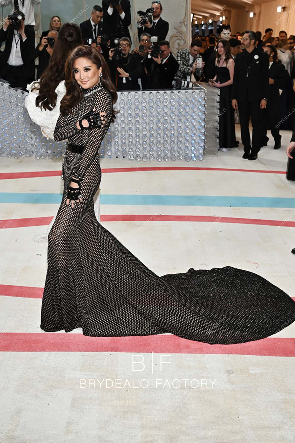 Ashley Park 2023 Met Gala Black Sparkly Mermaid Long Train Dress