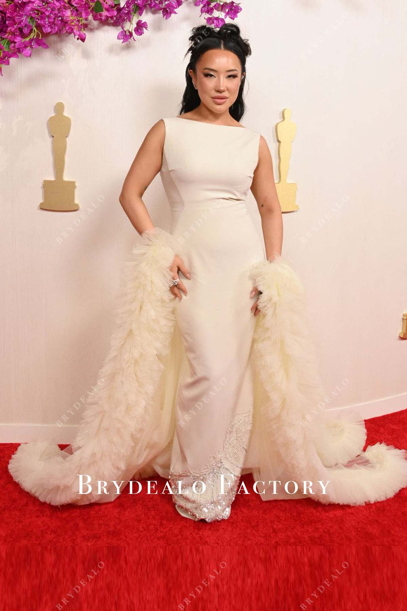 Ashley Yi 2024 Oscars Ivory Sheath Crepe Tulle Cape Dress