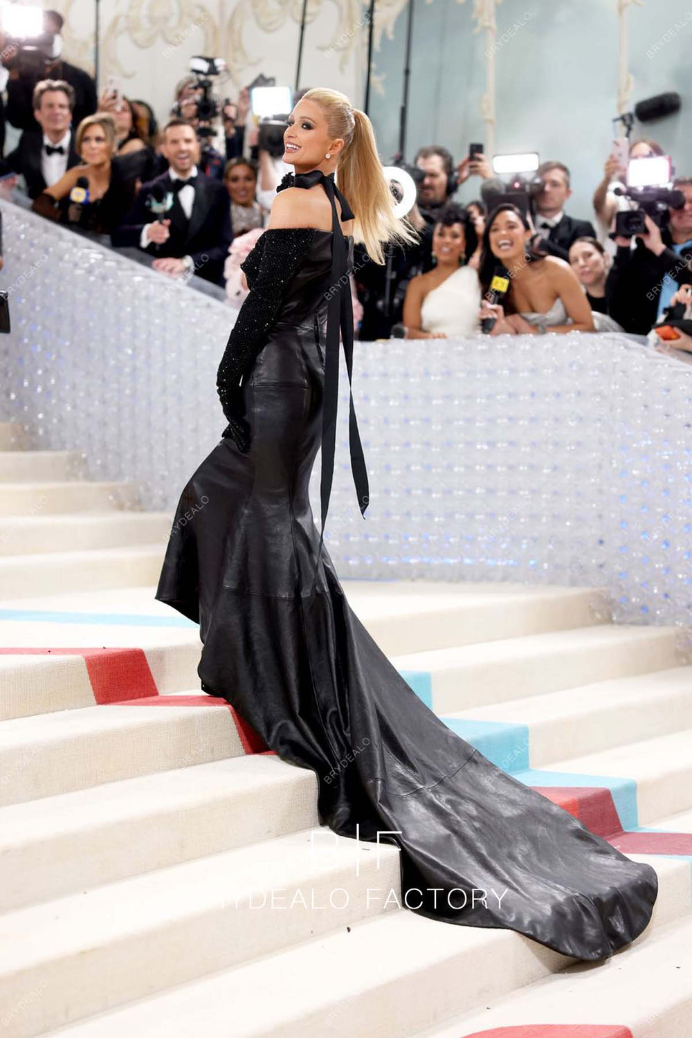 Paris Hilton 2023 Met Gala Black Sparkly Off Shoulder Leather Mermaid