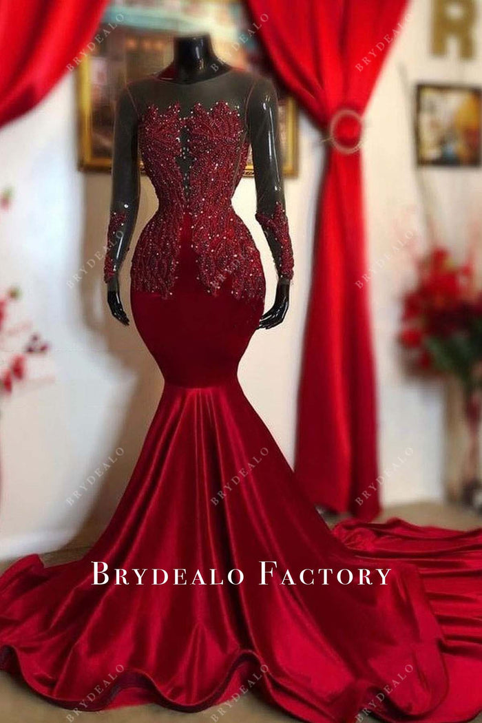 Burgundy Long Sleeve Beaded Trumpet Prom Dress