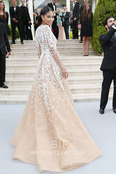 Chanel Iman Lace Celebrity Champagne Plunging Prom Wedding Ball Gown