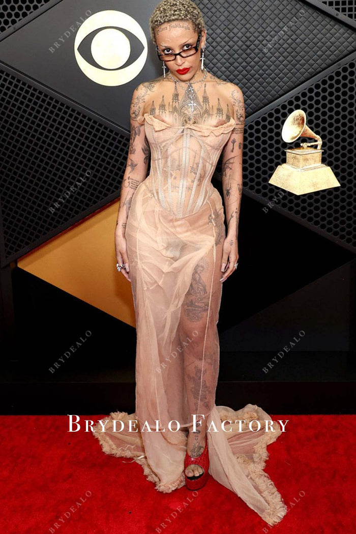 Doja Cat Nude Sheer 2024 Grammys Red Carpet Dress