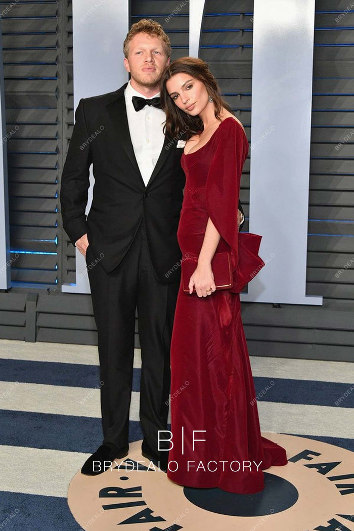 Emily Ratajkowski Burgundy Velvet Celebrity Evening Scoop Neck Gown