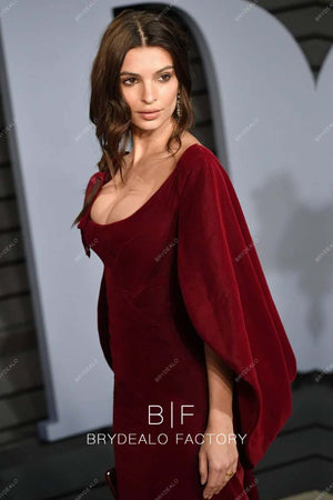 Emily Ratajkowski Burgundy Velvet Celebrity Evening Scoop Neck Gown