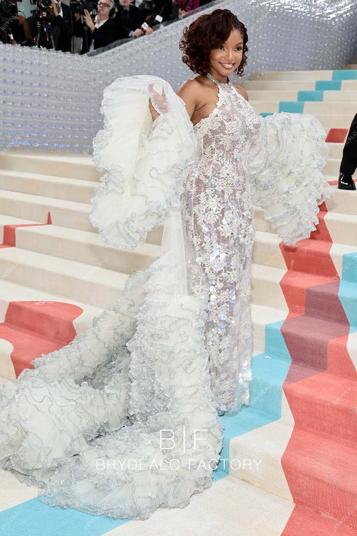 Halle Bailey 2023 Met Gala Sparkly Lace Mermaid Dress Ruffled Coat