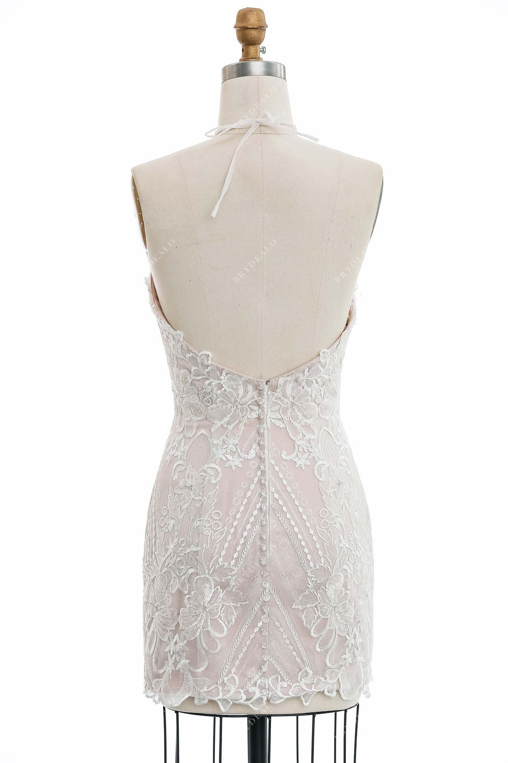 Halter Neck Lace Nude Pink Short Bodycon Casual Bridal Dress