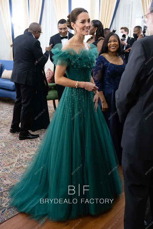 Kate Middleton Dark Green Glitter Off Shoulder Long Evening Prom Dress
