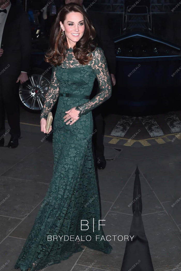 Kate Middleton Dark Green Lace Long Sleeves Celebrity Evening Dress