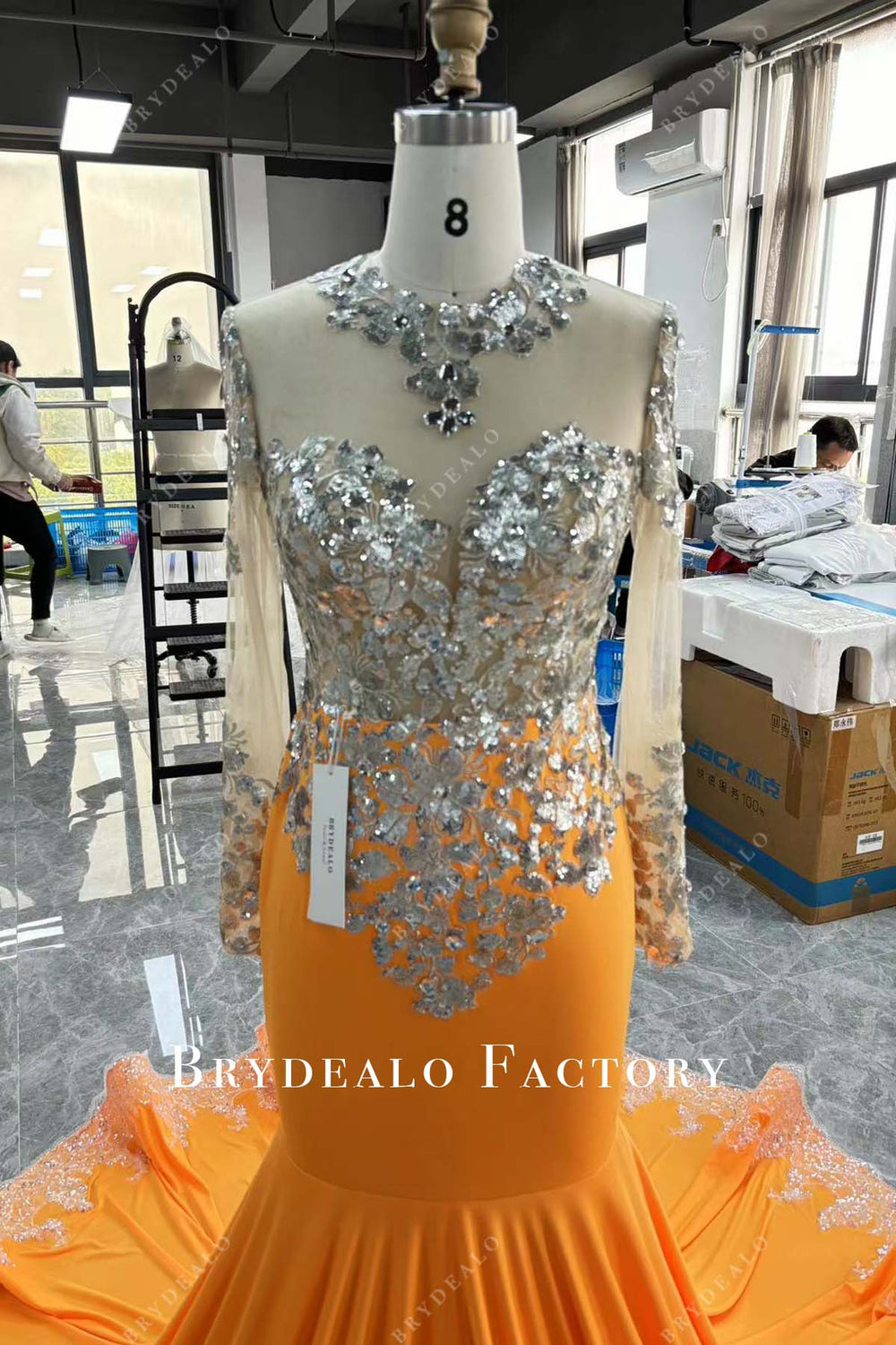 Custom Sequined Appliques Tangerine Jersey Mermaid Prom Dress