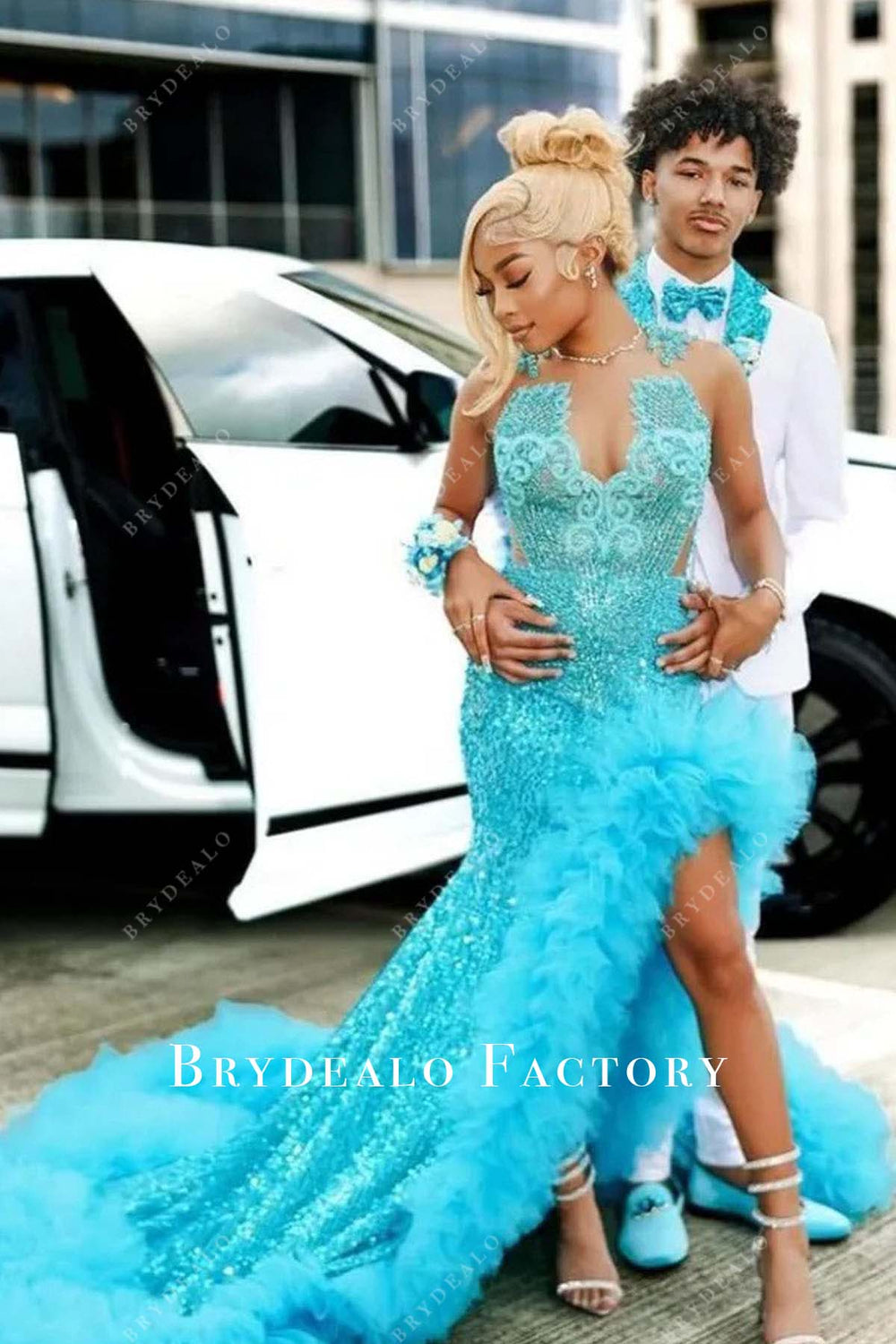 Pool Rhinestones Sequined Slit Long Train Prom Dress