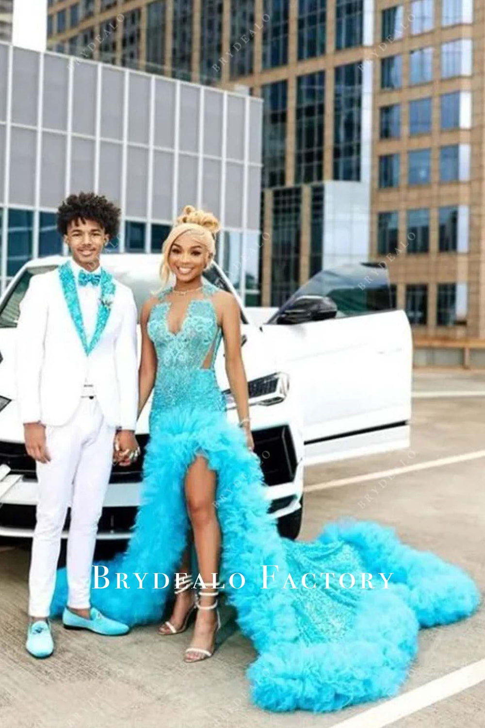 Pool Rhinestones Sequined Slit Long Train Prom Dress