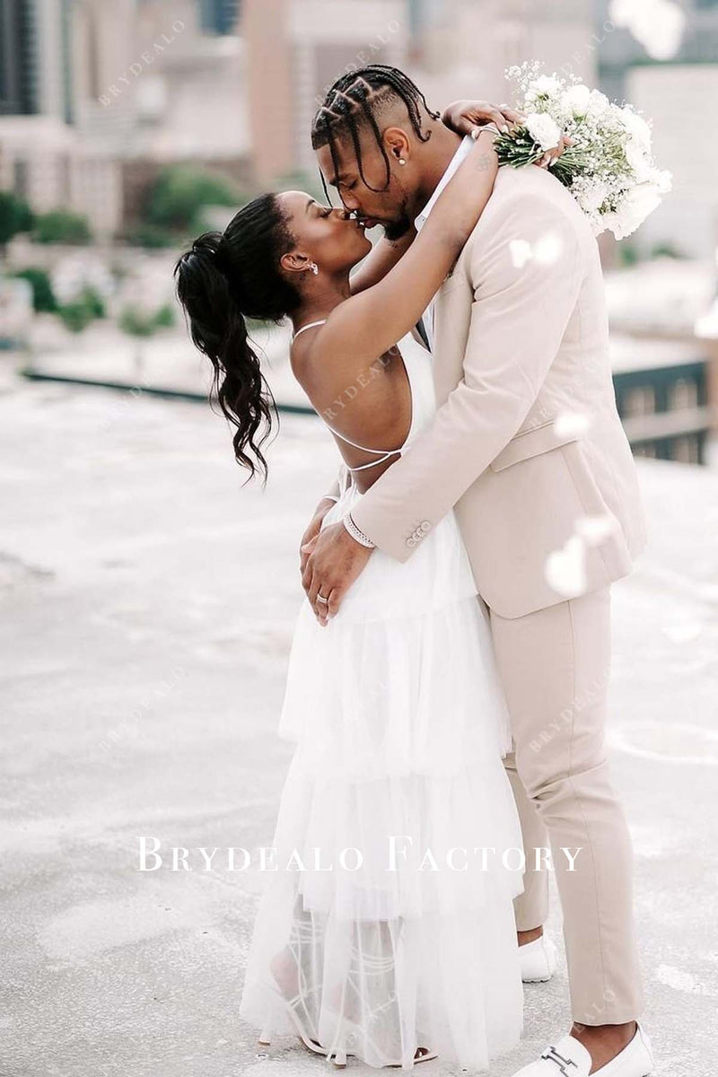Simone Biles Plunging Halter White Tulle Tiered Wedding Dress