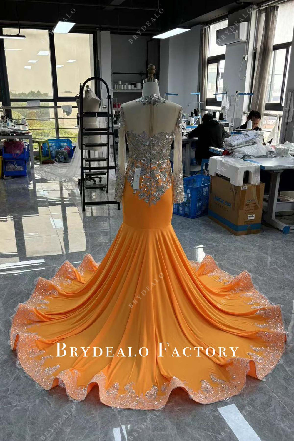 Custom Sequined Appliques Tangerine Jersey Mermaid Prom Dress