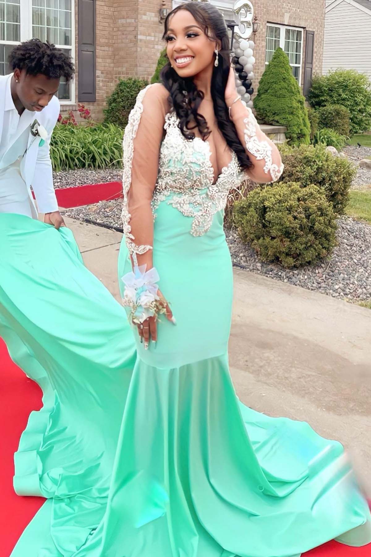 Rhinestones Turquoise Illusion Sleeves Trumpet Prom Dress