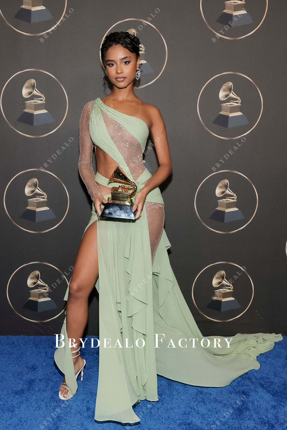 Tyla Sage Asymmetrical 2024 Grammys Red Carpet Dress