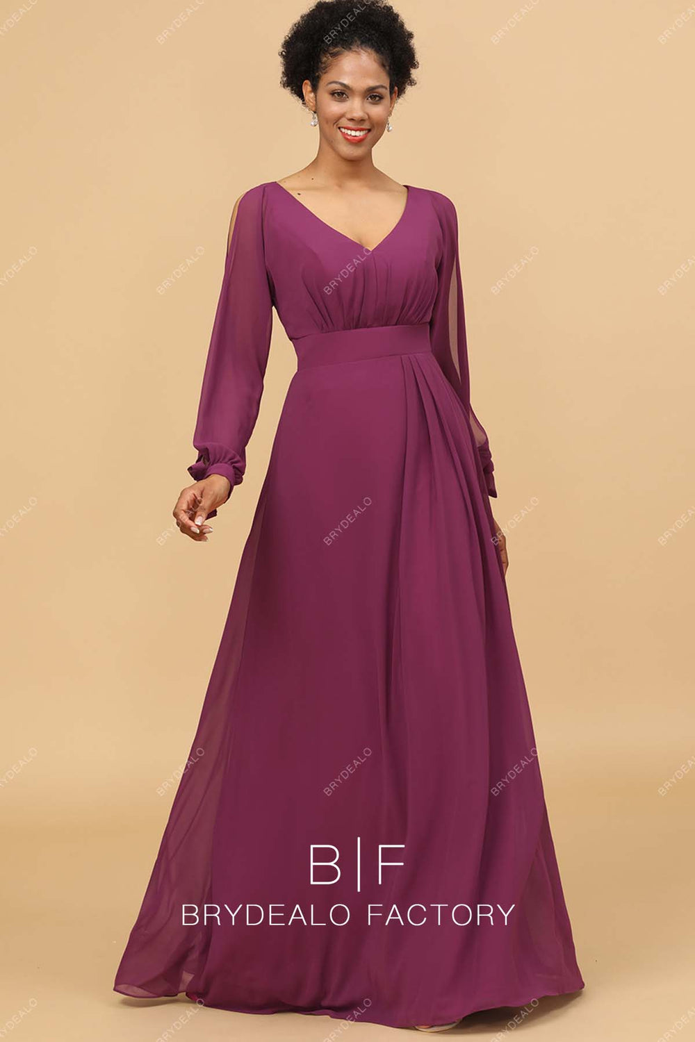 Raspberry Chiffon Slit Sleeves V-Neck A-Line Long Bridesmaid Dress
