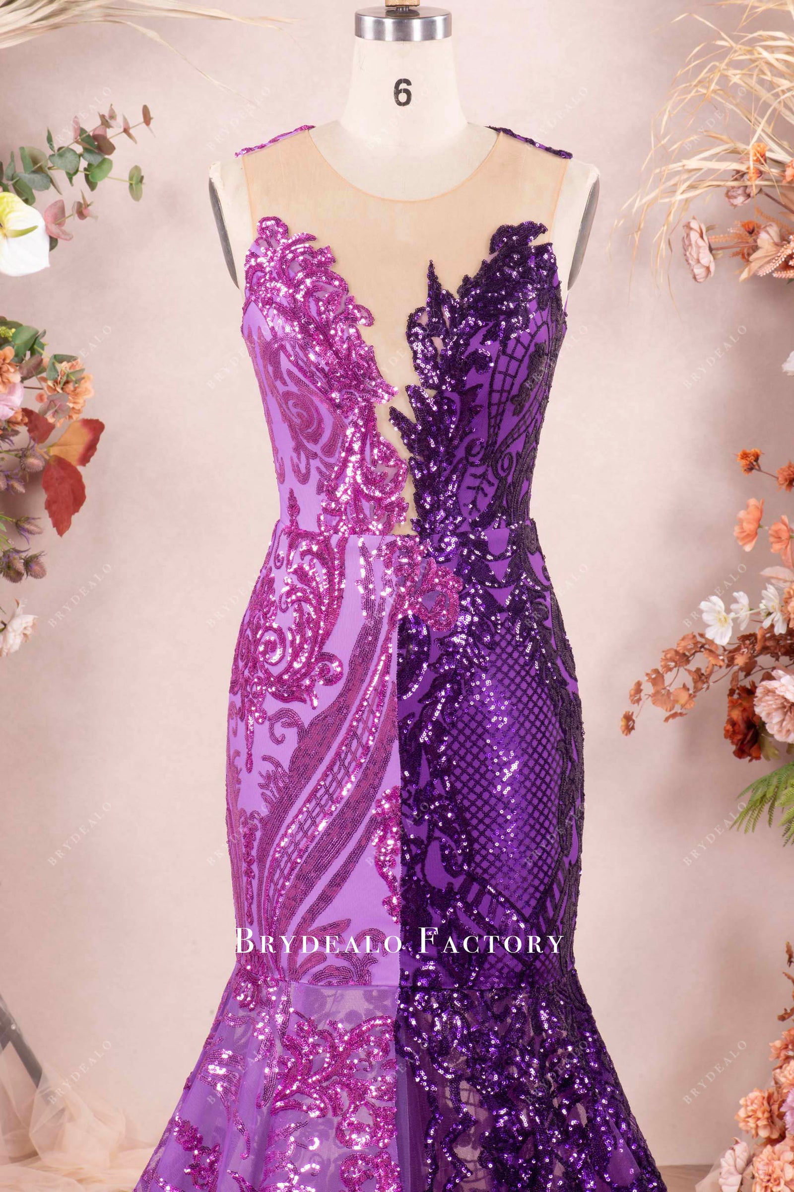 Dramatic Two-Tone Purple Sequin Split Color Prom Dress