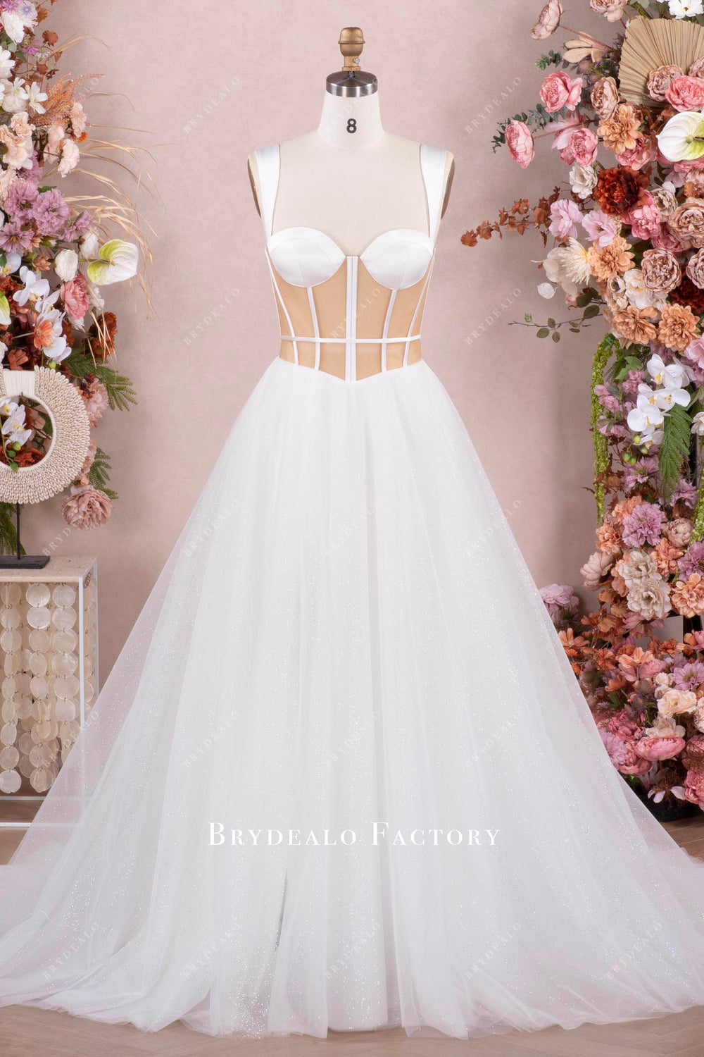 Shimmery Tulle Wide Straps Corset A-Line Wedding Dress