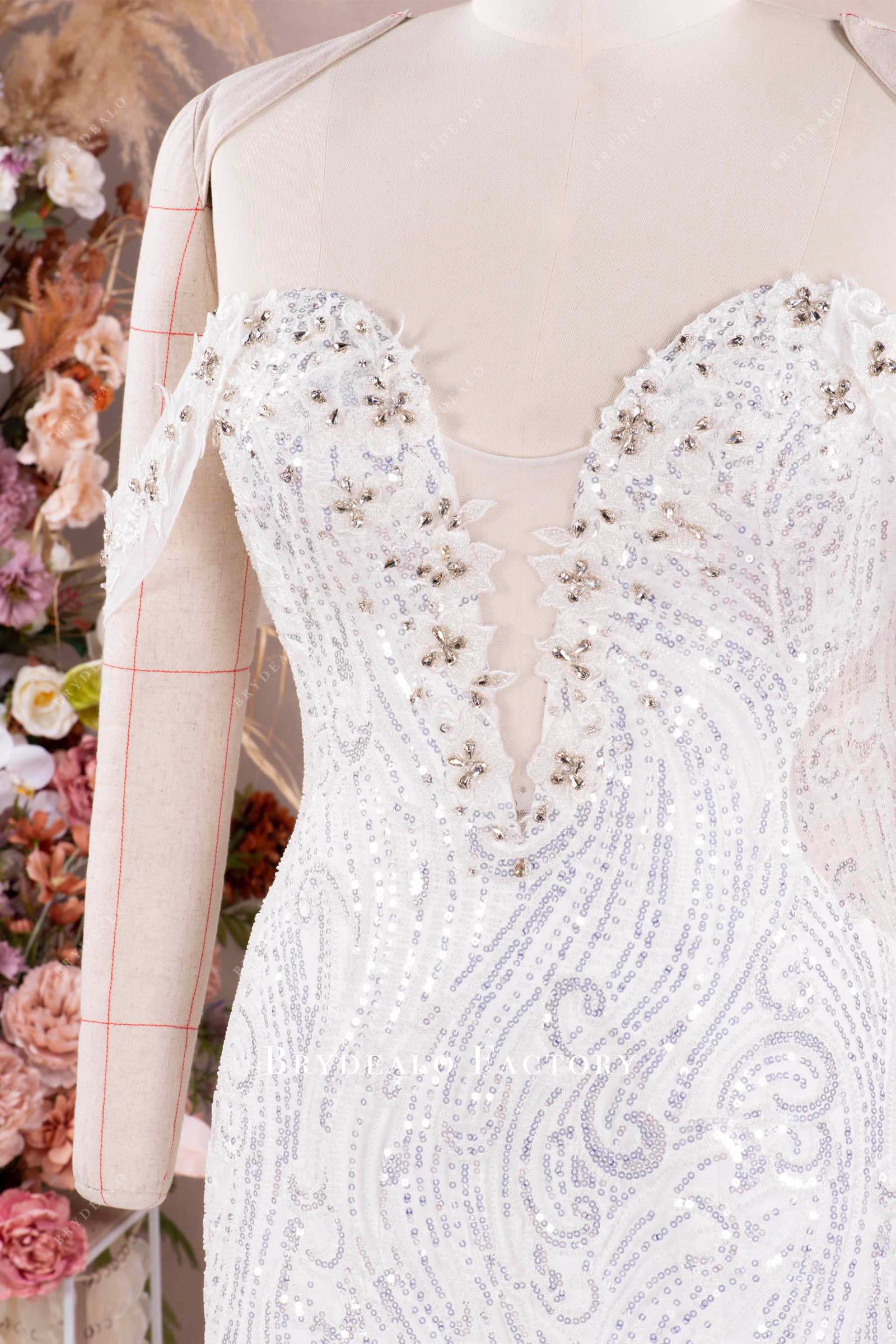 Wholesale Beaded Lace Ruffled Organza Trumpet Bridal Dress