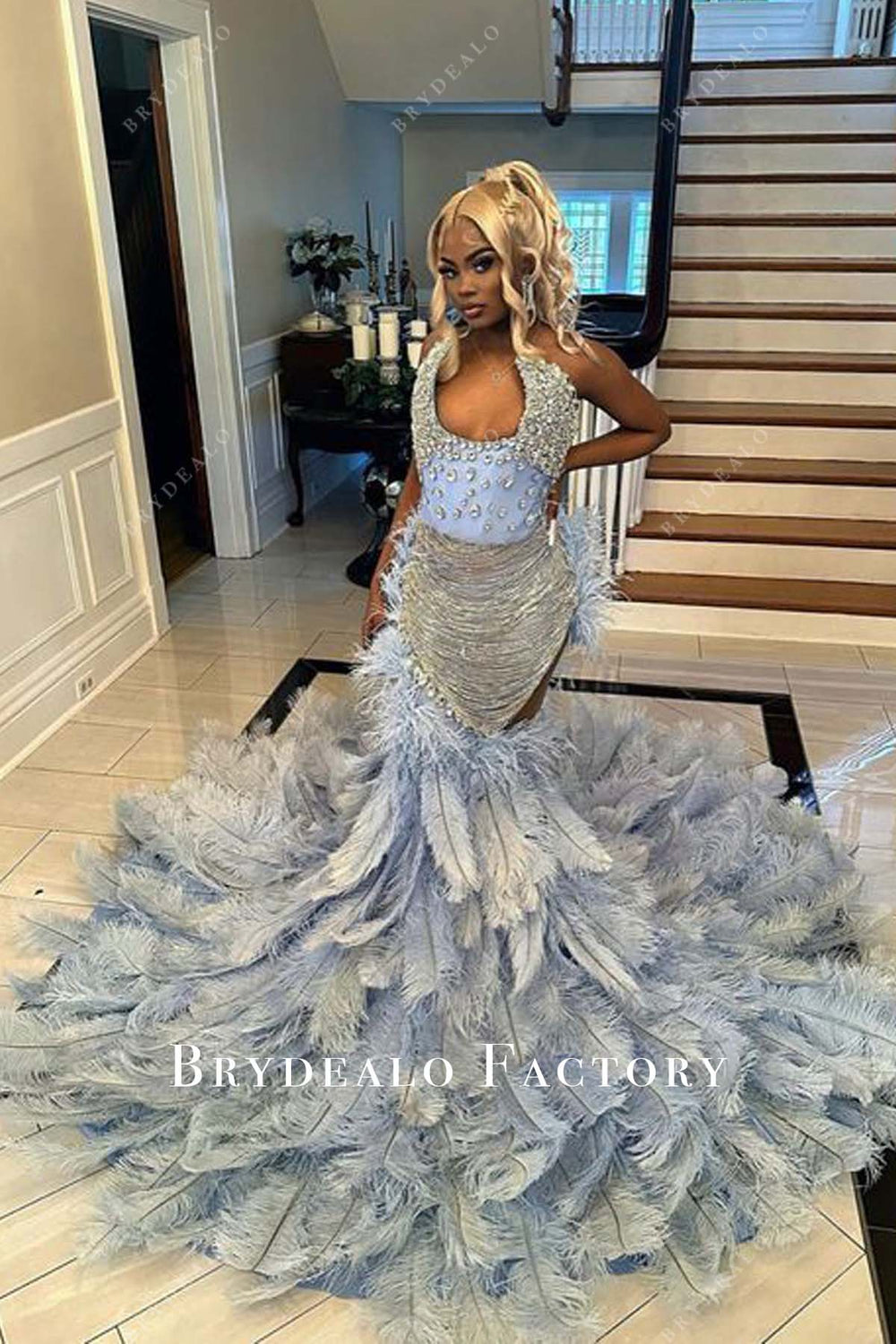 Grey Big Feathers Long Train Trumpet Crystals Blue Prom Dress