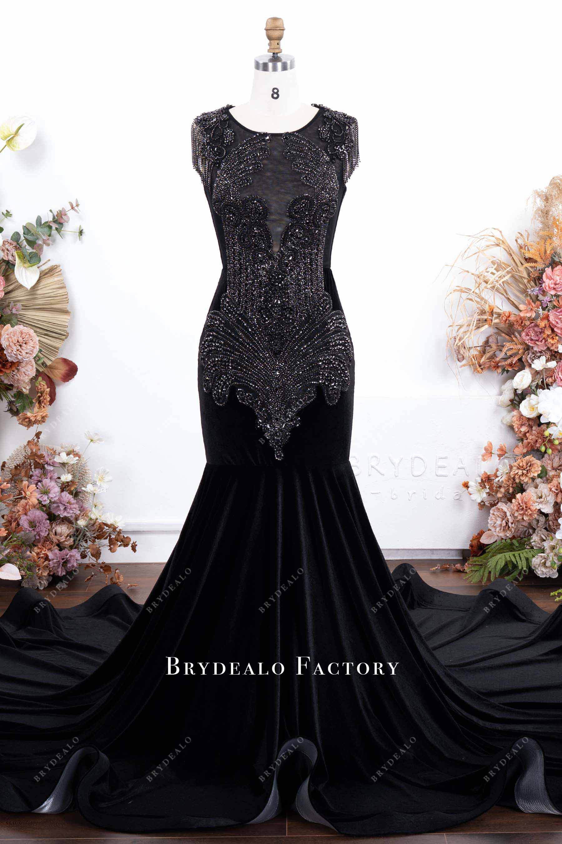 Black Shoulder Tassel Rhinestone Velvet Dramatic Long Prom Gown
