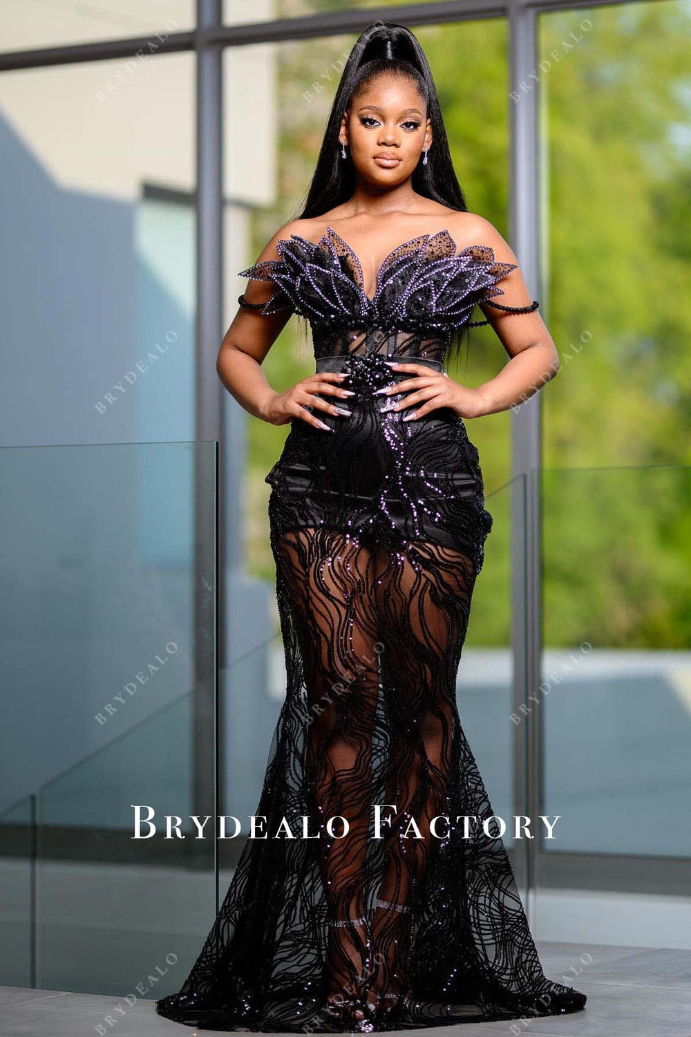 Black Sequined Off Shoulder Sheer Mermaid Prom Dress