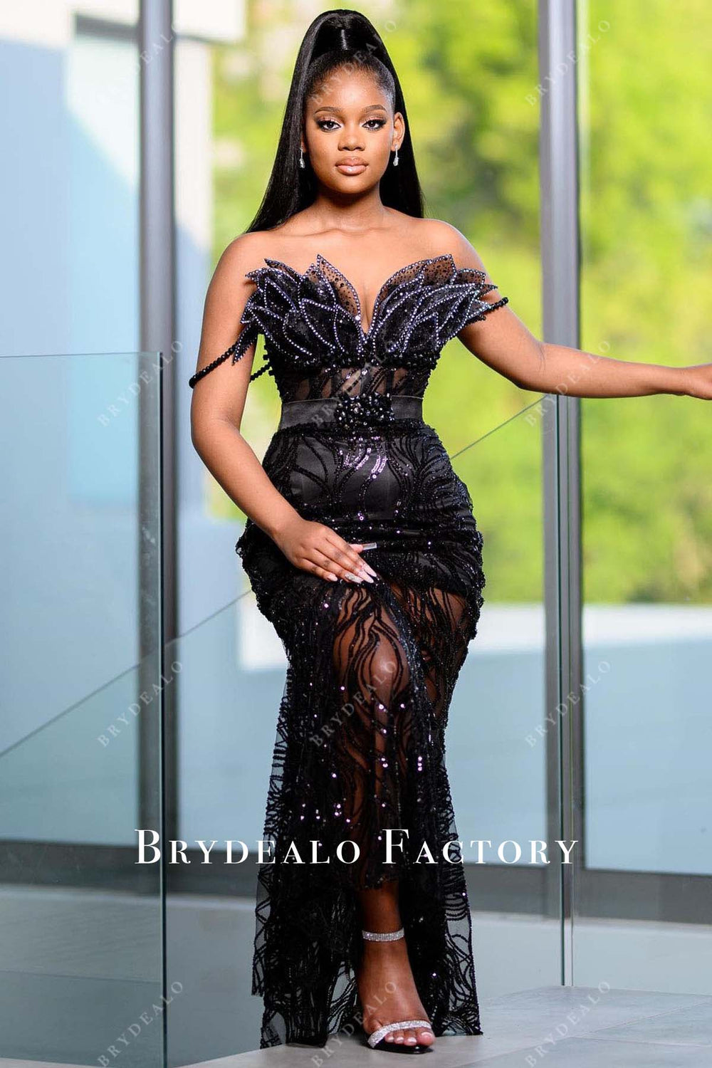 Black Sequined Off Shoulder Sheer Mermaid Prom Dress