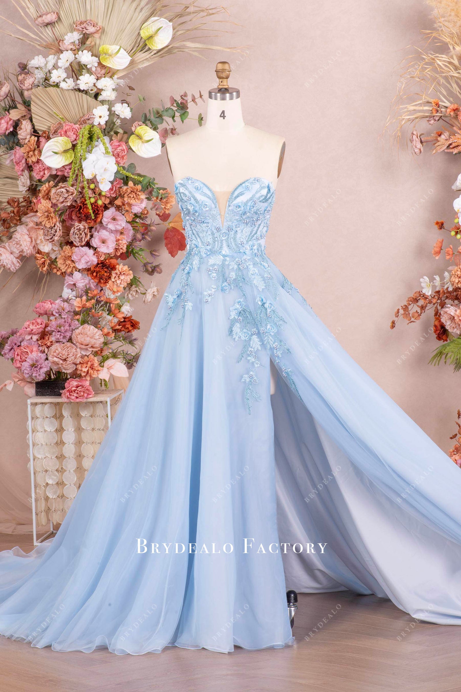 Sky Blue Pearl Lace Sweetheart Strapless A-line Prom Pageant Dresses
