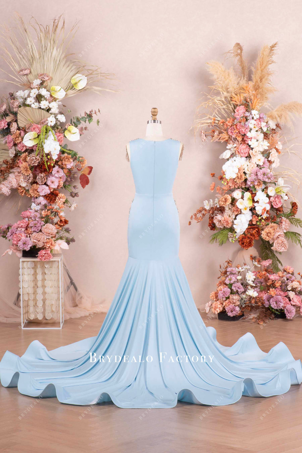 Sparkly Rhinestone Sky Blue Jersey Mermaid Prom Dress