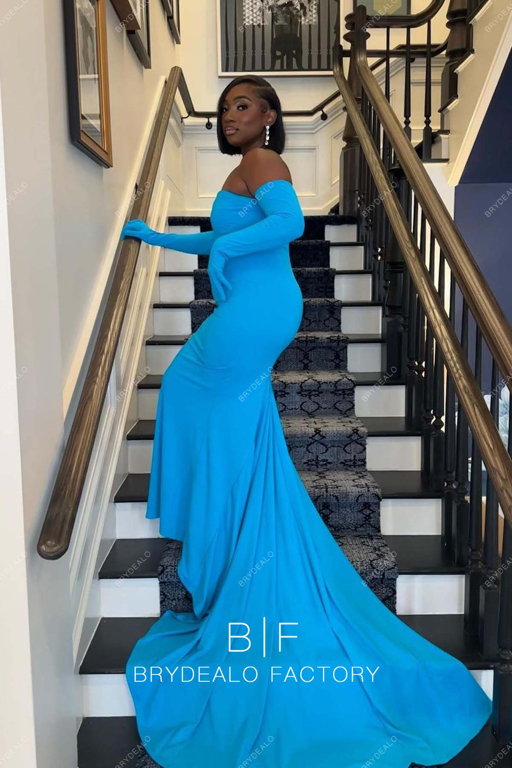 Simple Off Shoulder Blue Long Train Mermaid Elastic Prom Evening Dress