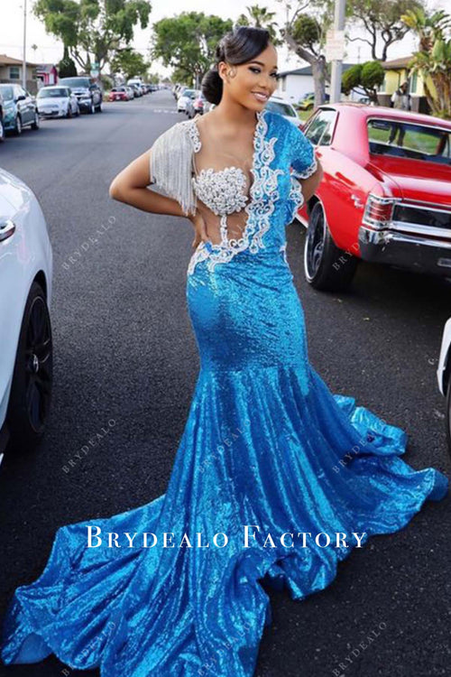 Ocean Blue Sequin Asymmetrical One Sleeve Mermaid Prom Dress