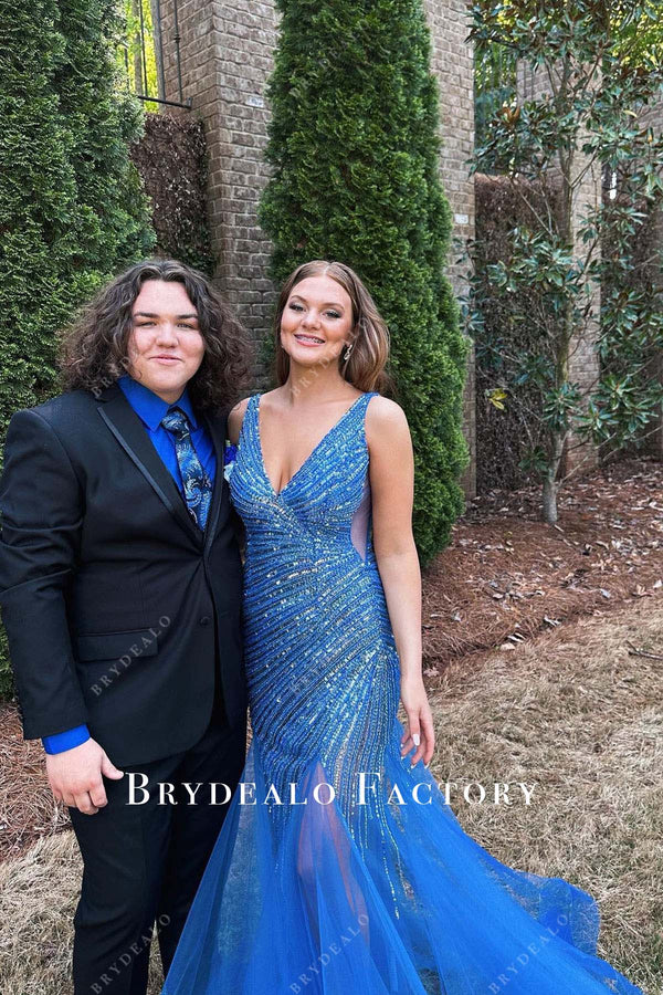 Homecoming Dress | Glitter Sequined Blue V-Neck Trumpet Formal Gown