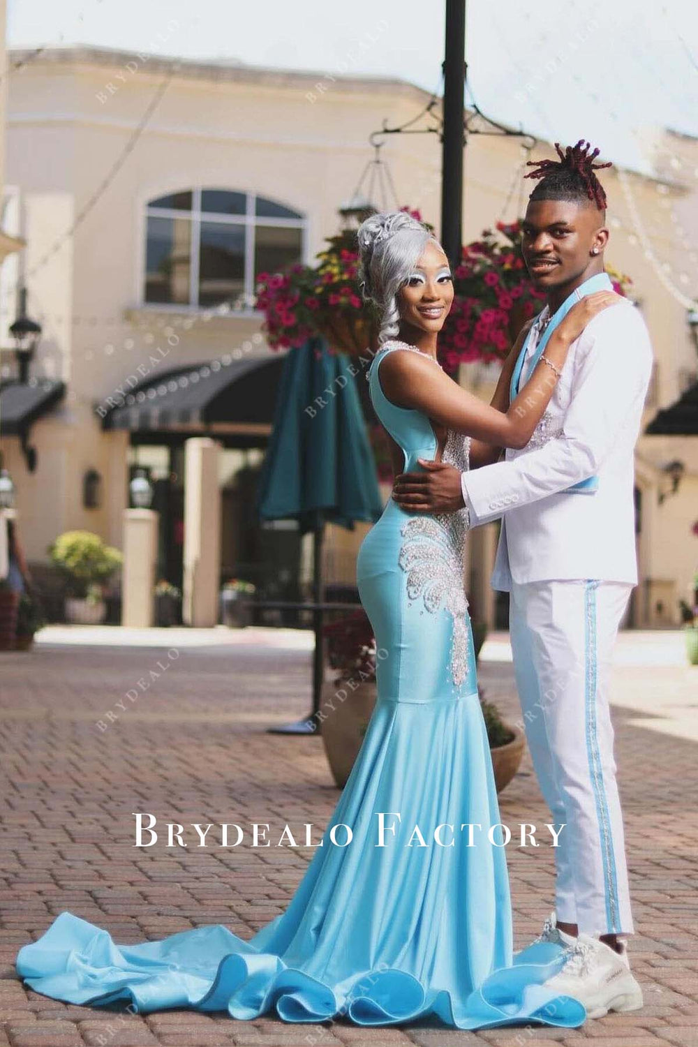 Rhinestones Sleeveless Blue Fit and Flare Prom Dress