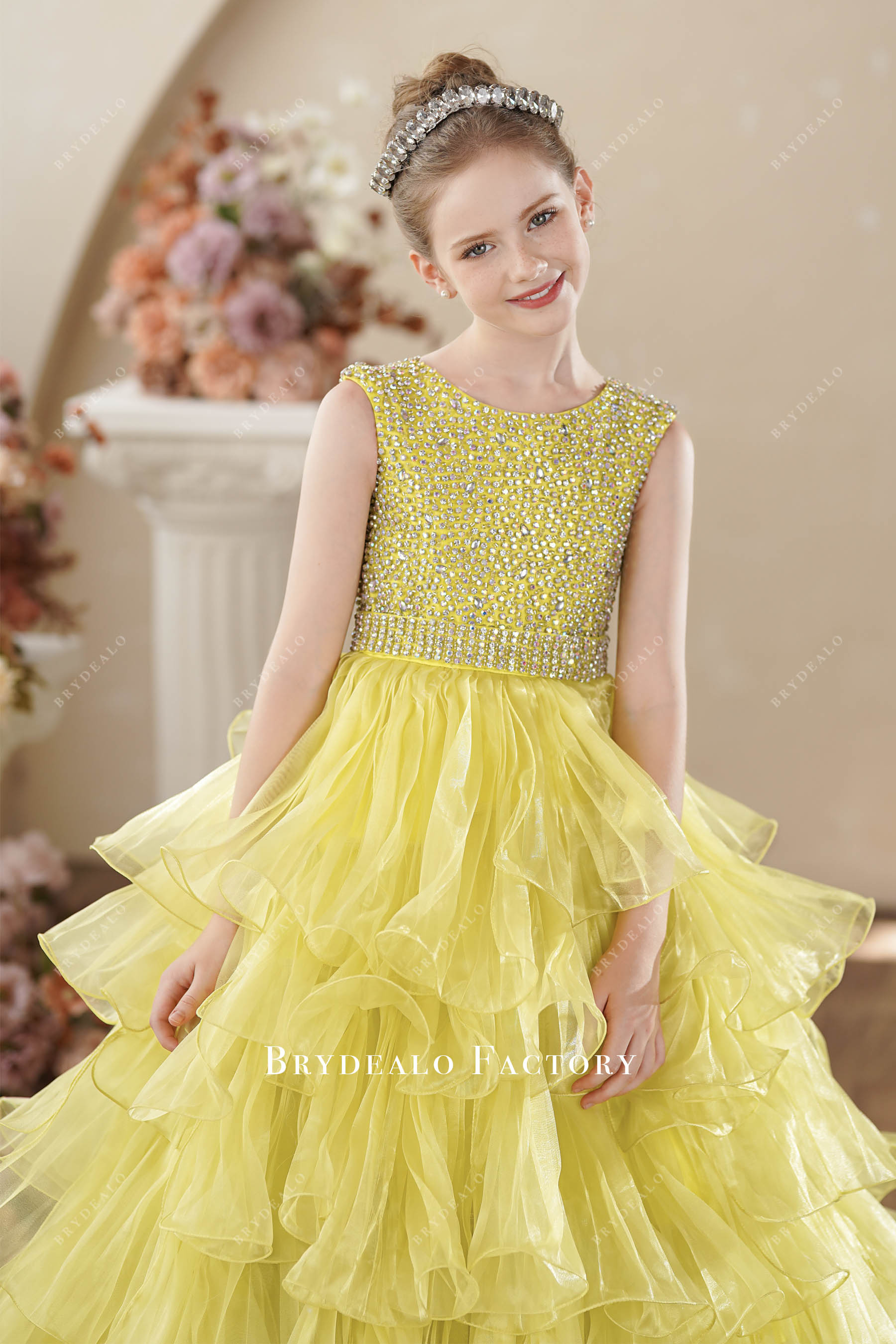Yellow Tiered Organza Rhinestones Sleeveless Child Pageant Dress