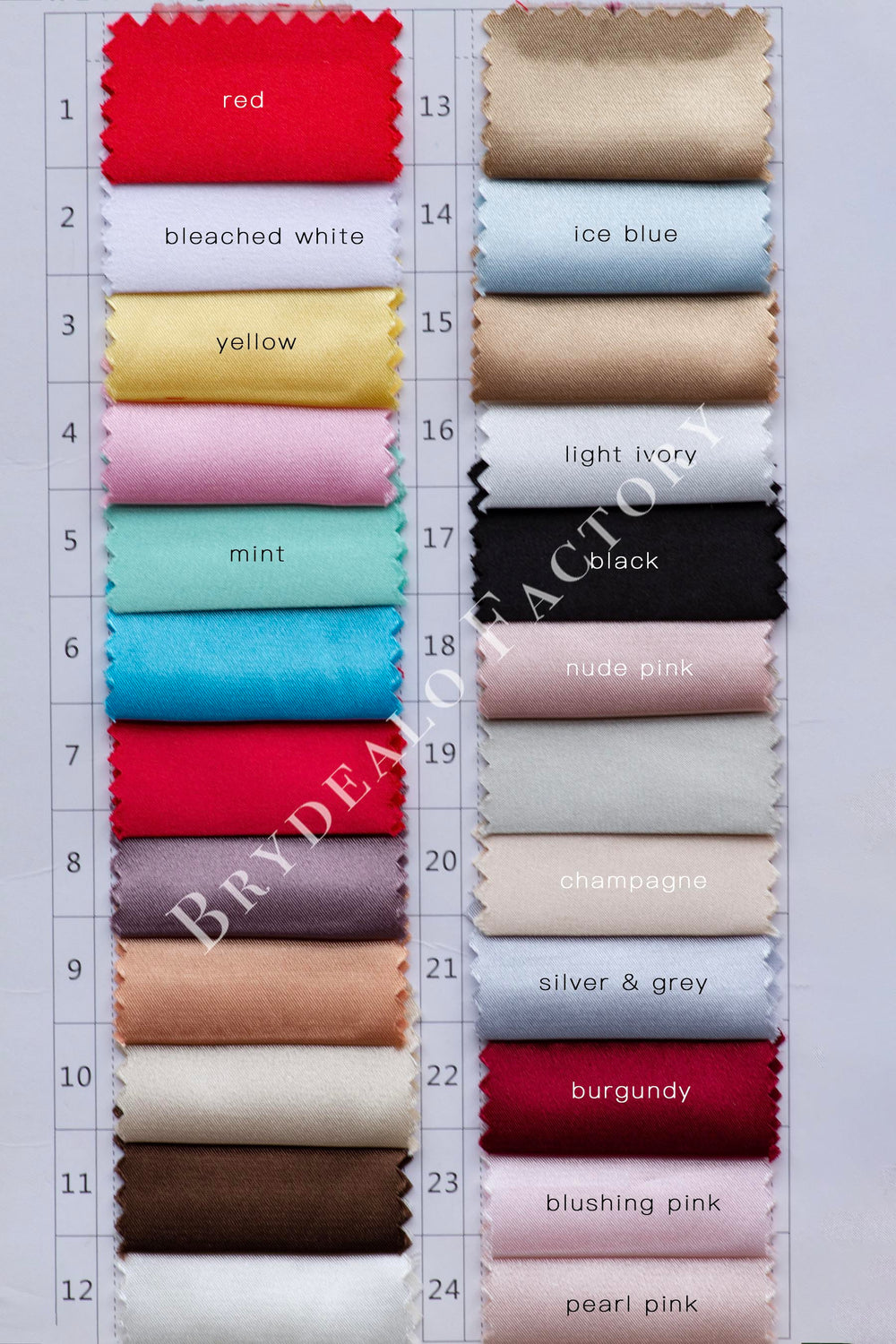 Silky Polyester Charmeuse Satin Fabric Color Chart 120+ Colors