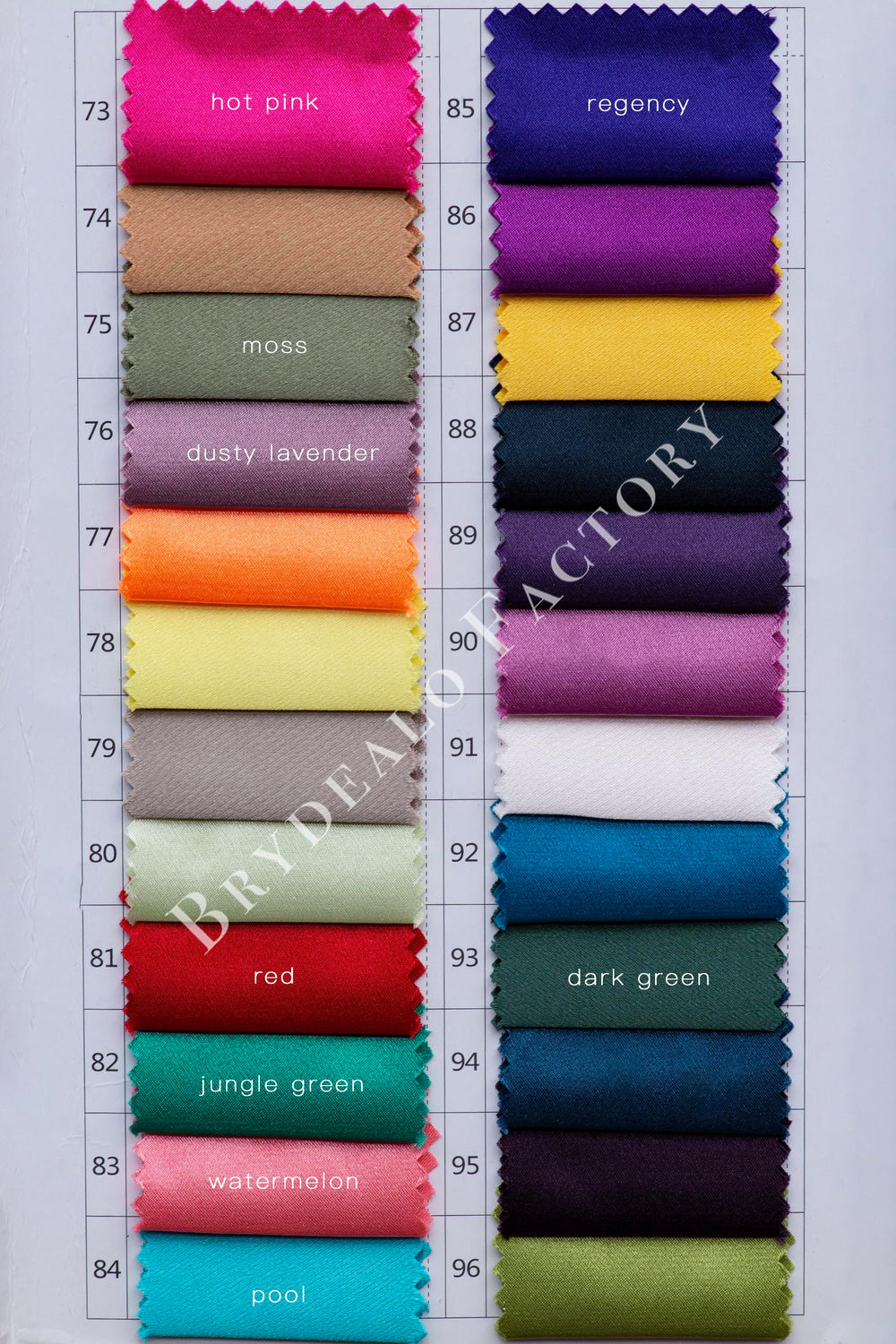 Silky Polyester Charmeuse Satin Fabric Color Chart 120+ Colors
