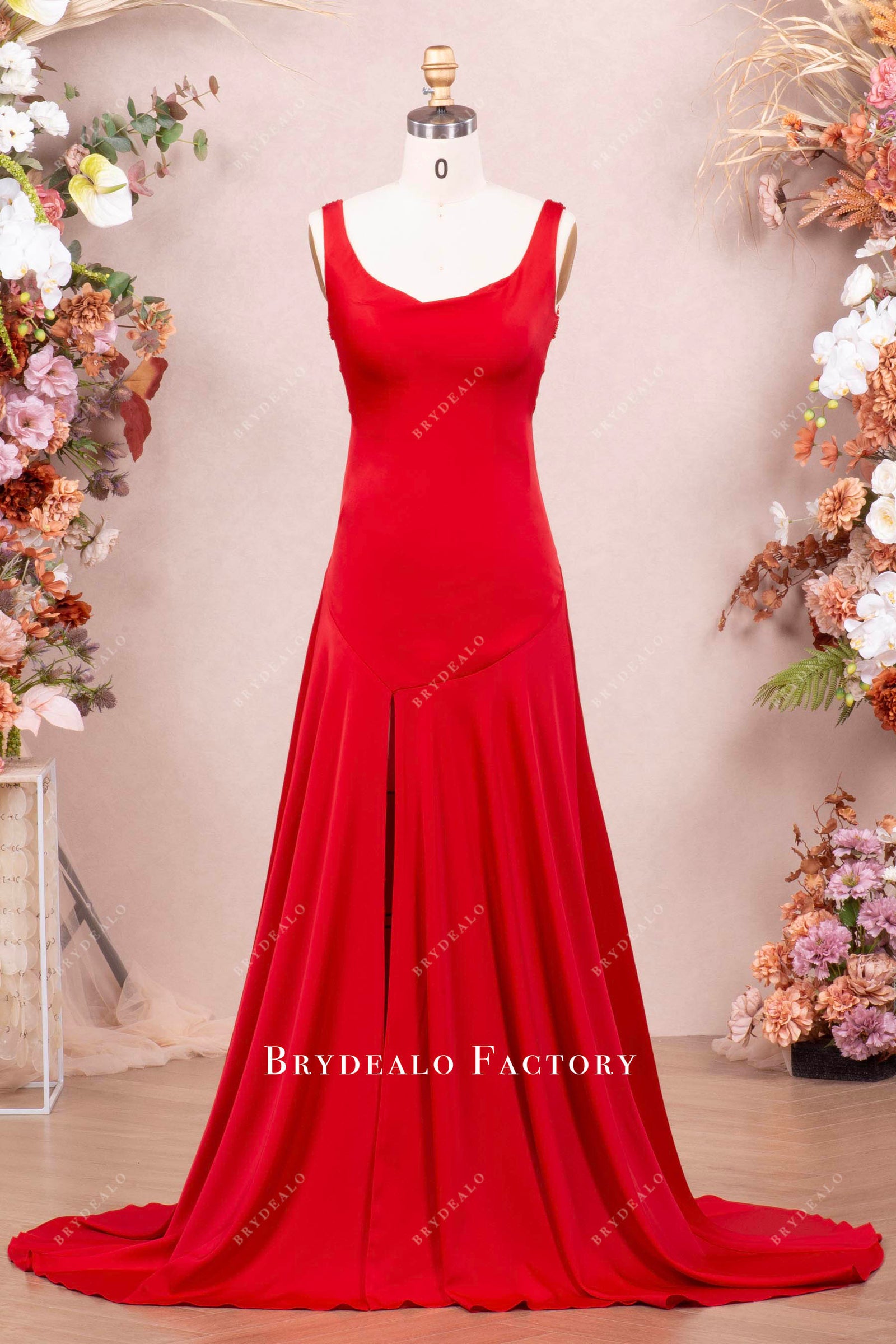 Red Cowl Neck Criss-Cross Back Fit Flare Prom Evening Dress