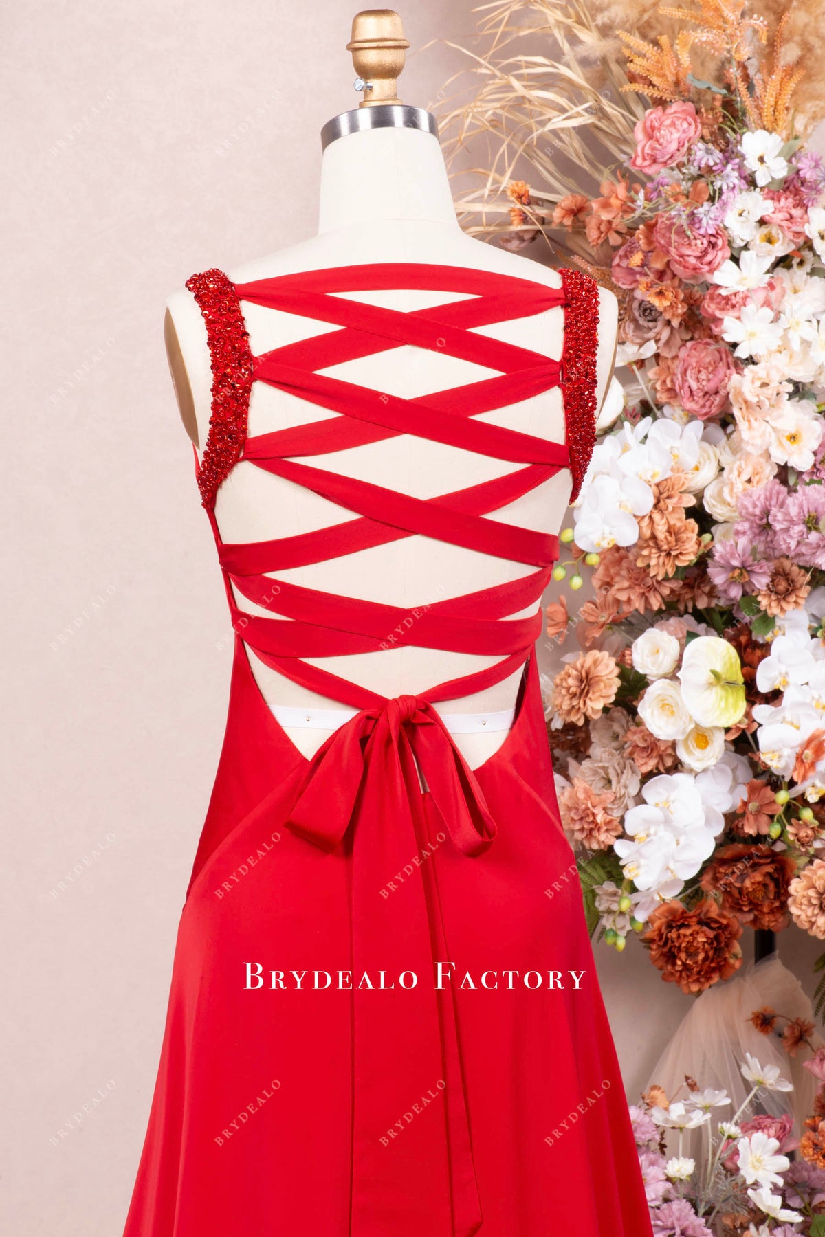 Red Cowl Neck Criss-Cross Back Fit Flare Prom Evening Dress