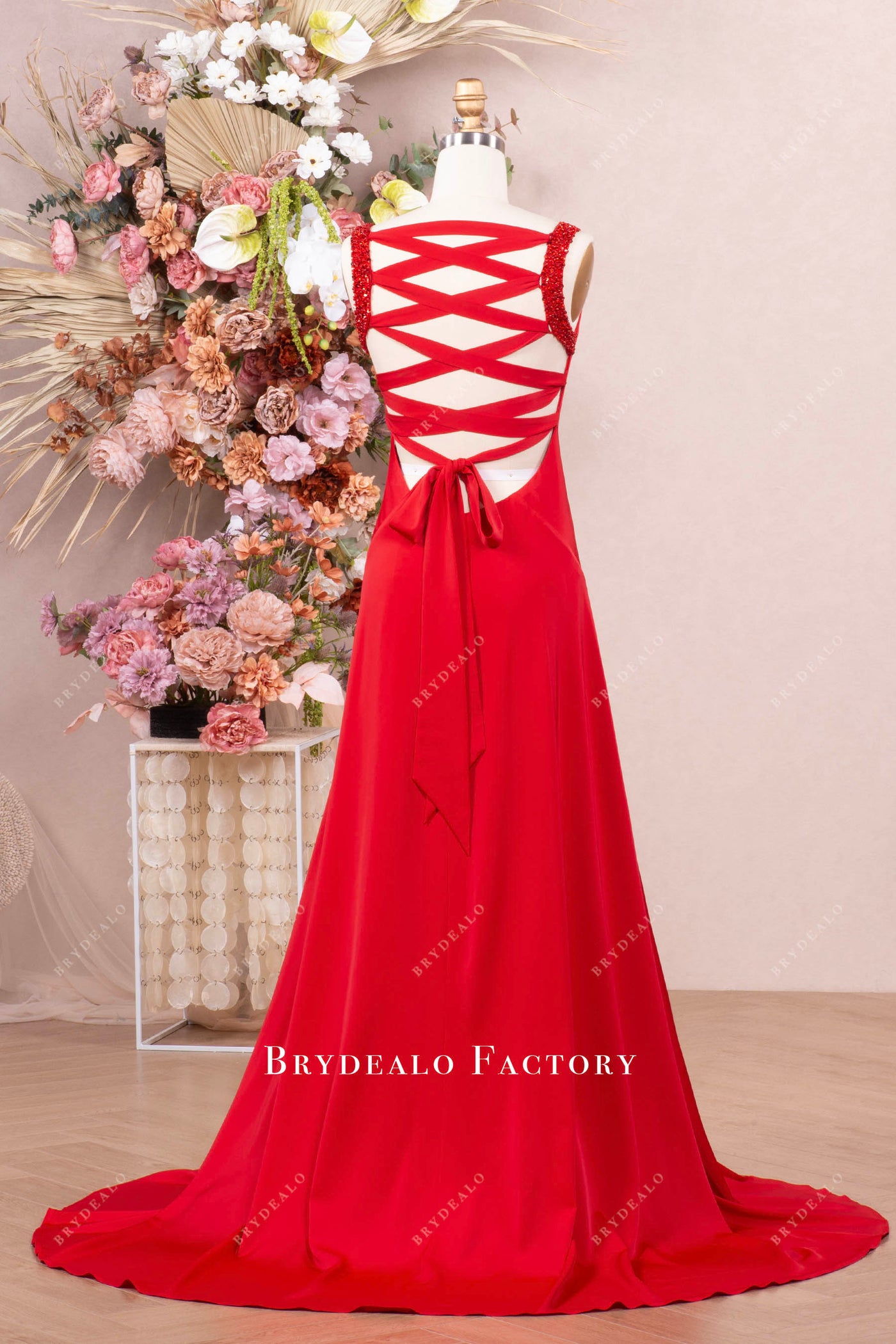 Red Cowl Neck Criss-Cross Back Fit Flare Prom Evening Dress