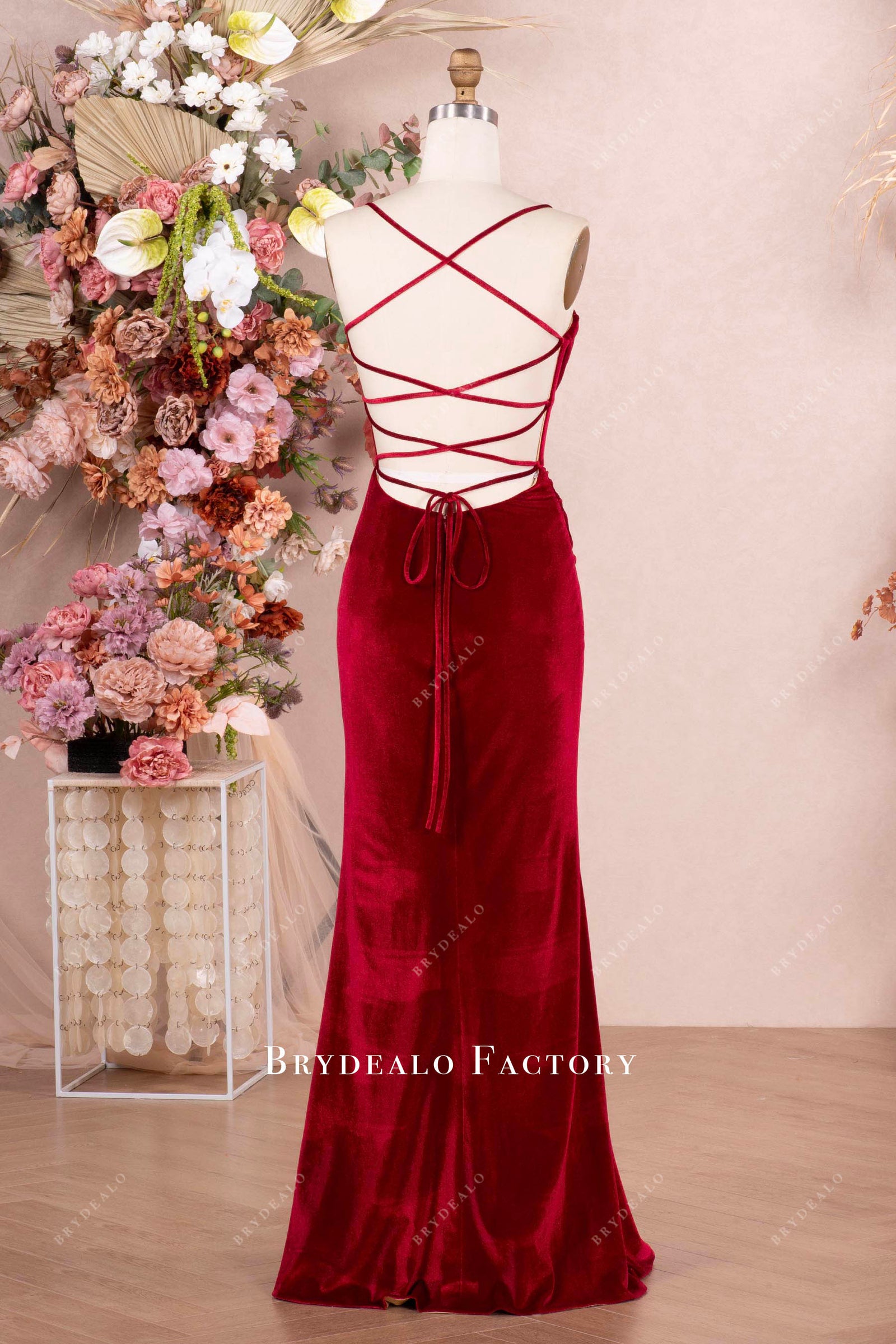 Ruby Velvet Pleated Corset High Slit Prom Formal Dress