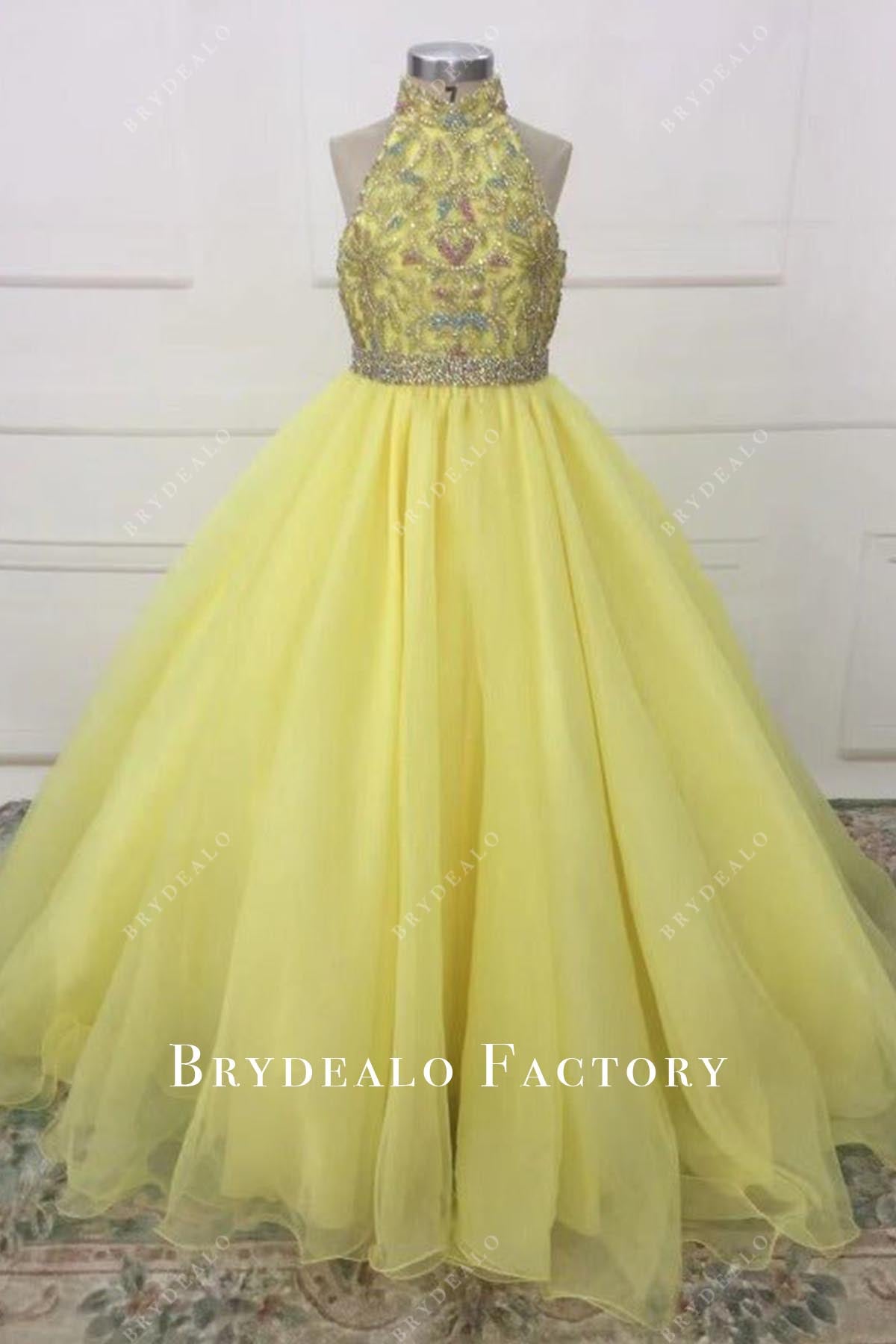Beaded Daffodil Halter A-Line Miss Teen Pageant Dress