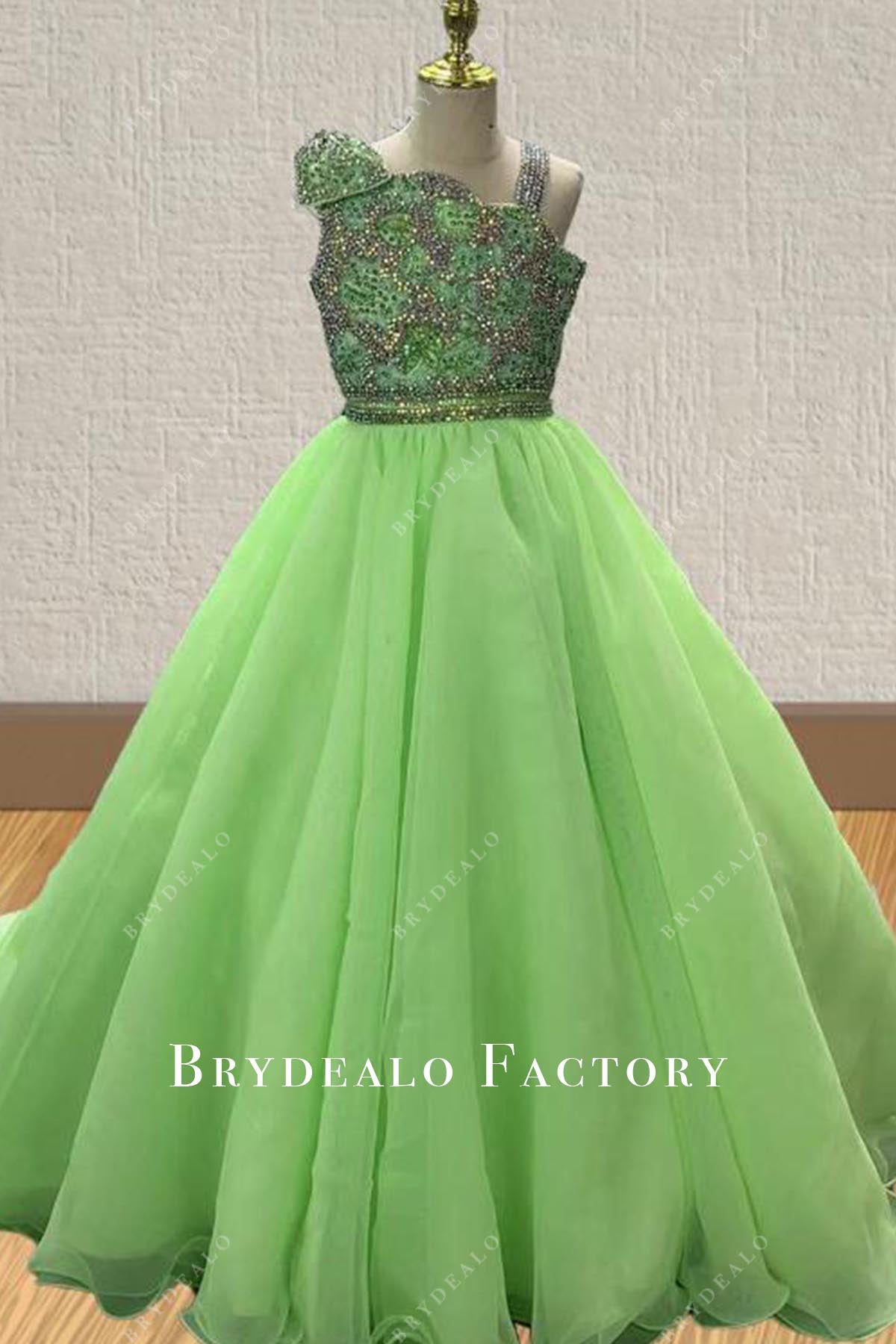 Crystals Asymmetrical Green A-Line Court Train Pageant Dress