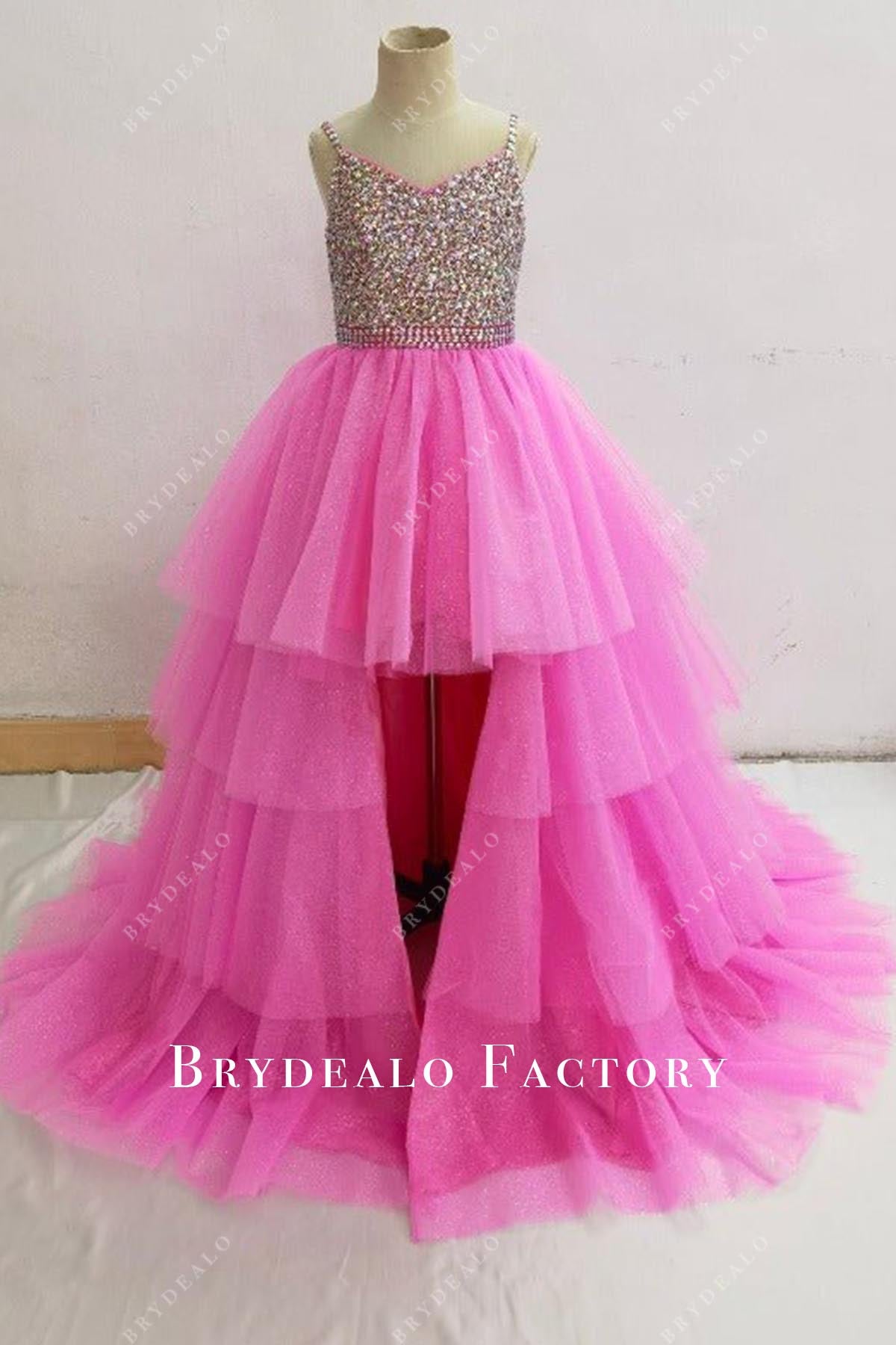 Crystals Hot Pink Layered High To Low Pageant Dress