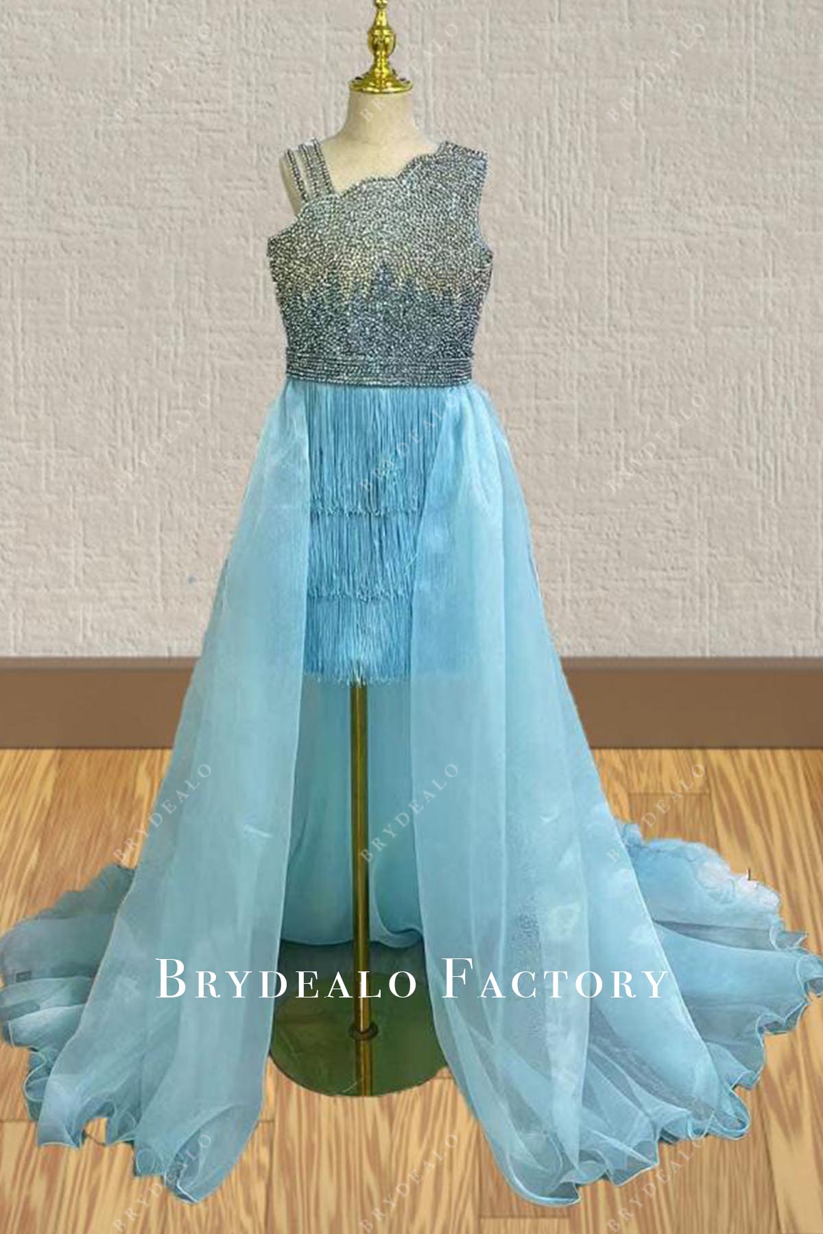 Ice Blue Crystal Asymmetrical Neck Pageant Dress