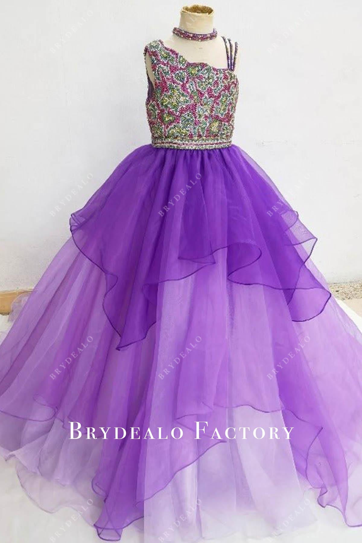 Crystals Purple Asymmetrical Neckline Layered Pageant Dress