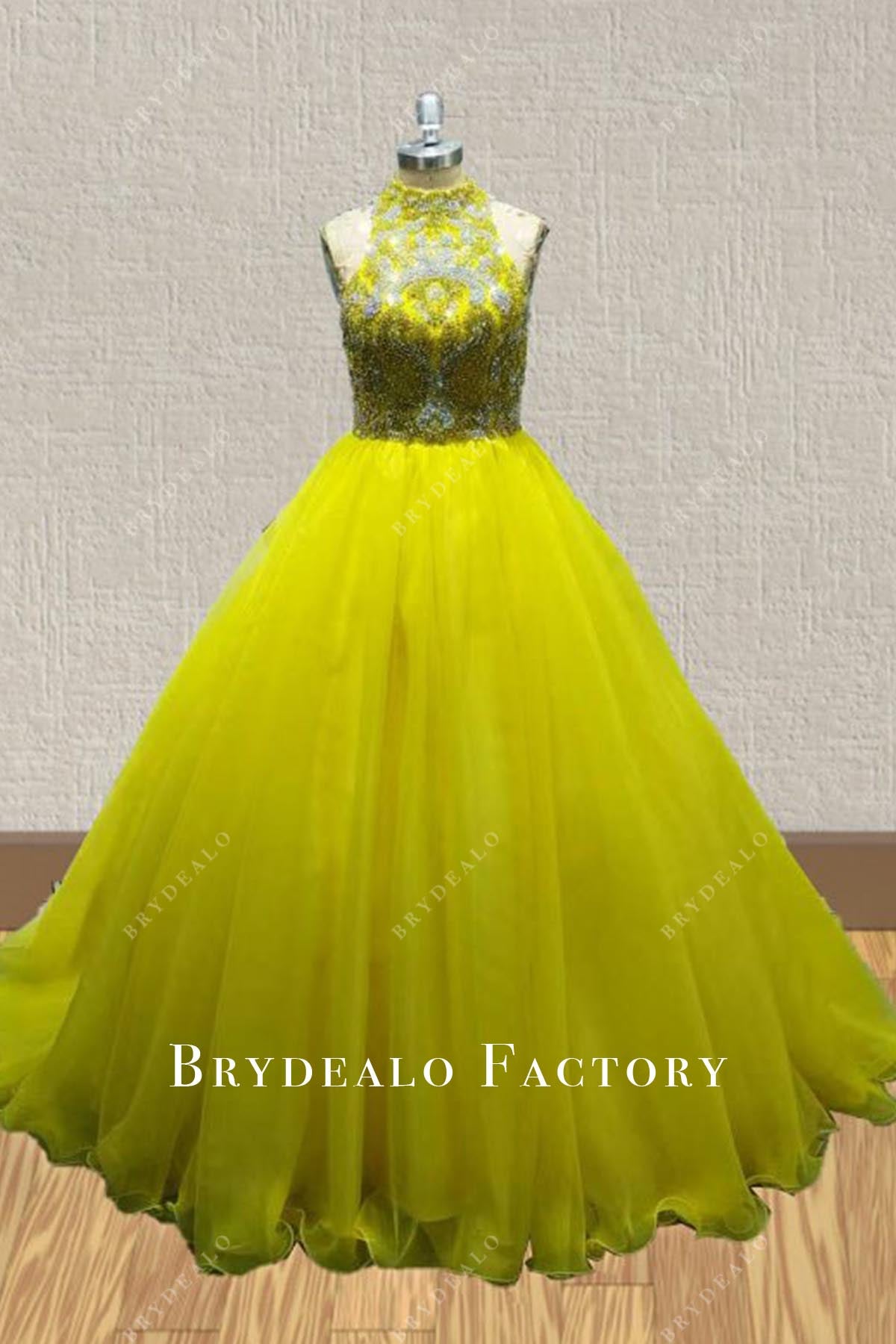 Crystals Yellow Halter A-Line Miss Teen Pageant Dress