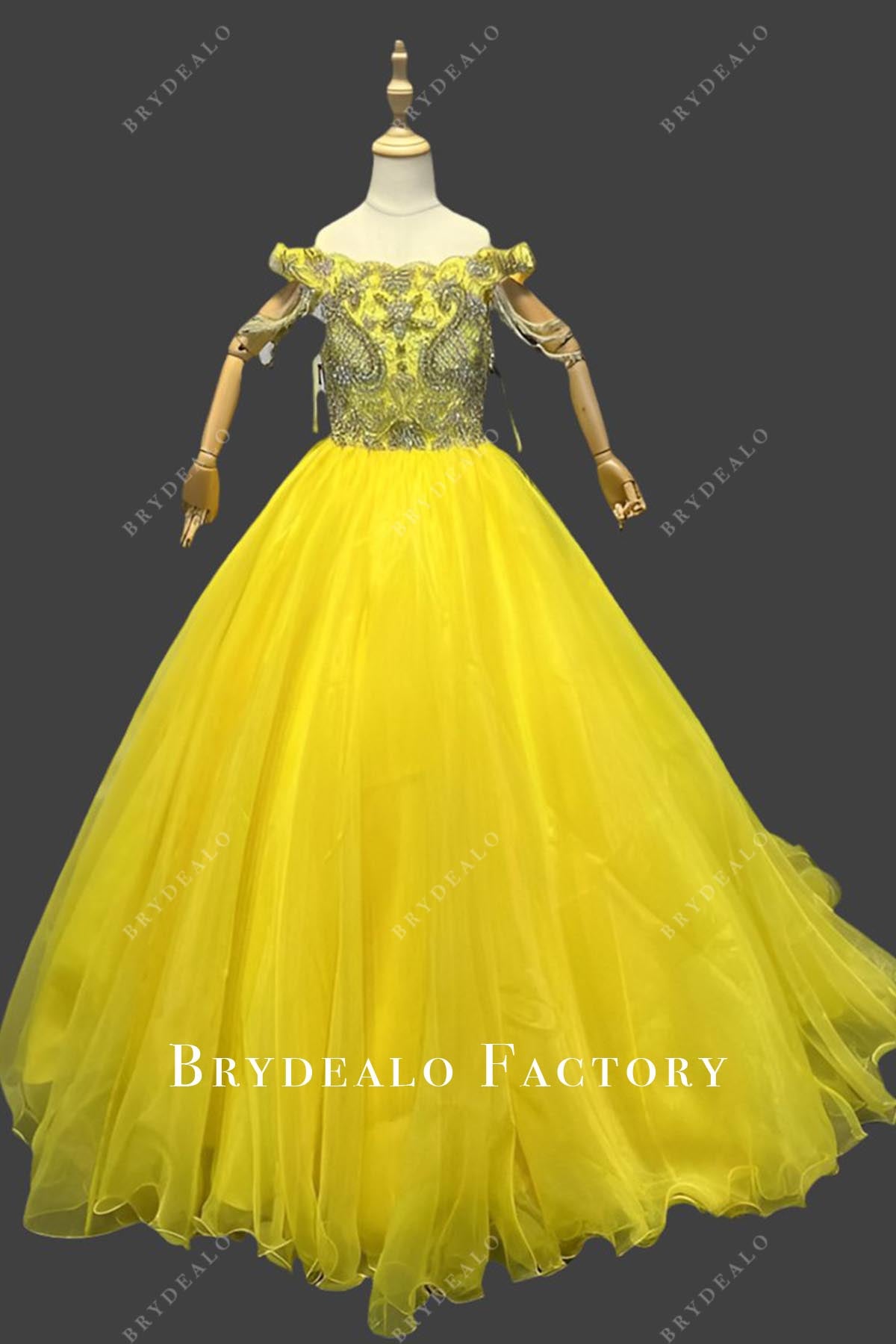 Crystals Off Shoulder Yellow A-Line Kids Pageant Dress